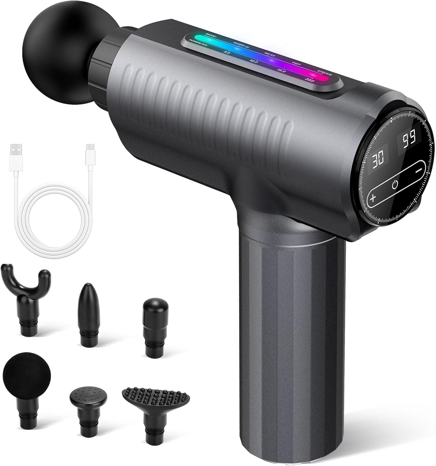 Sendowtek Portable Massage Gun, 30 Speed Powerful with 6 Massage Heads ...