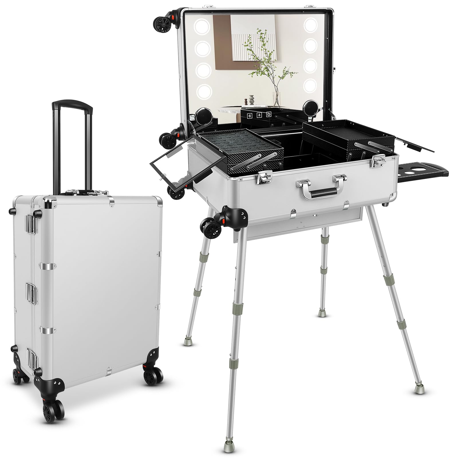 Amazon.com: GCCSJ 24'' Aluminum Trolley Makeup Train Case with 8 LED ...