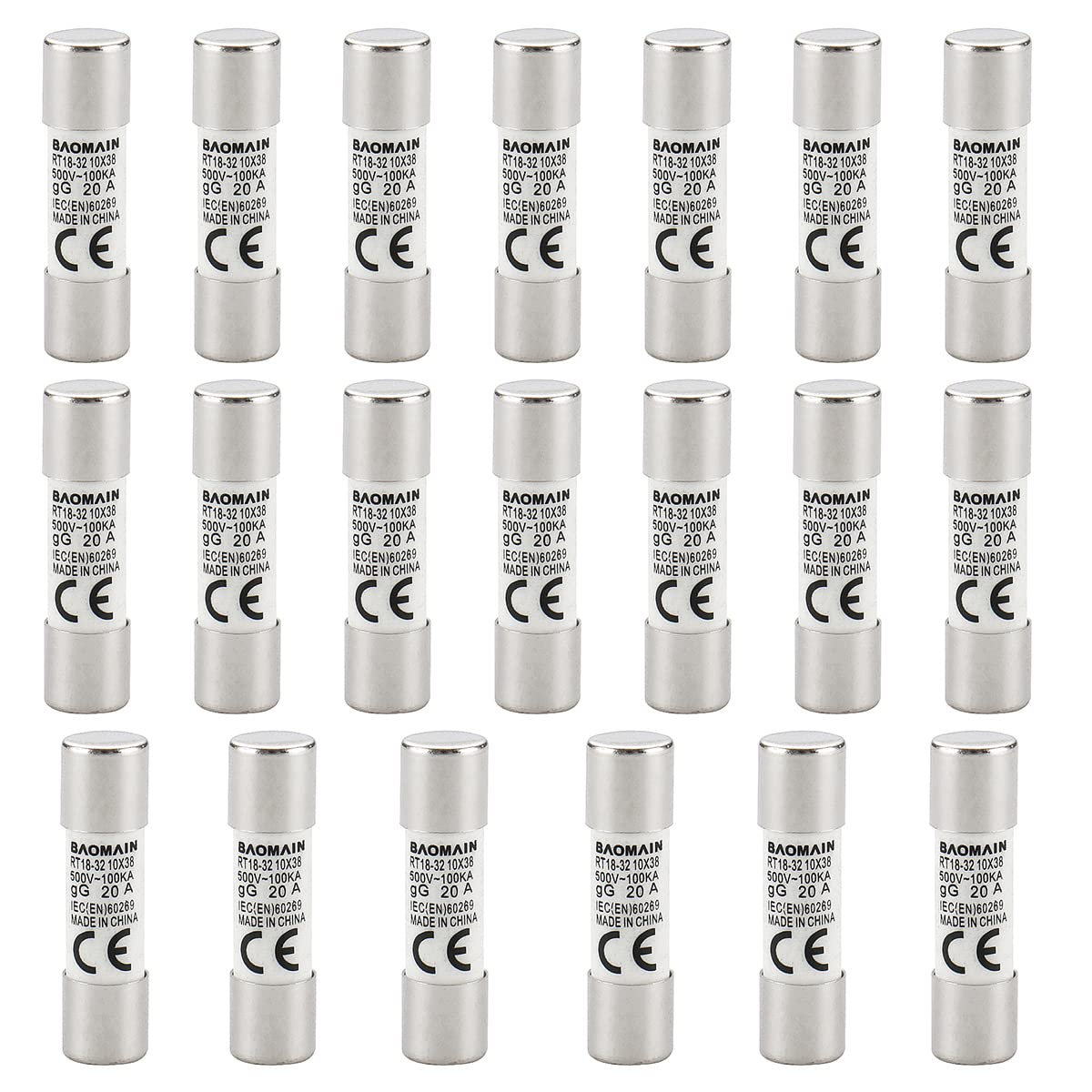 Baomain Ceramic Fuse RT14 RT18 R015 Fast-Blow gG 10x38mm 500V 20A Pack ...