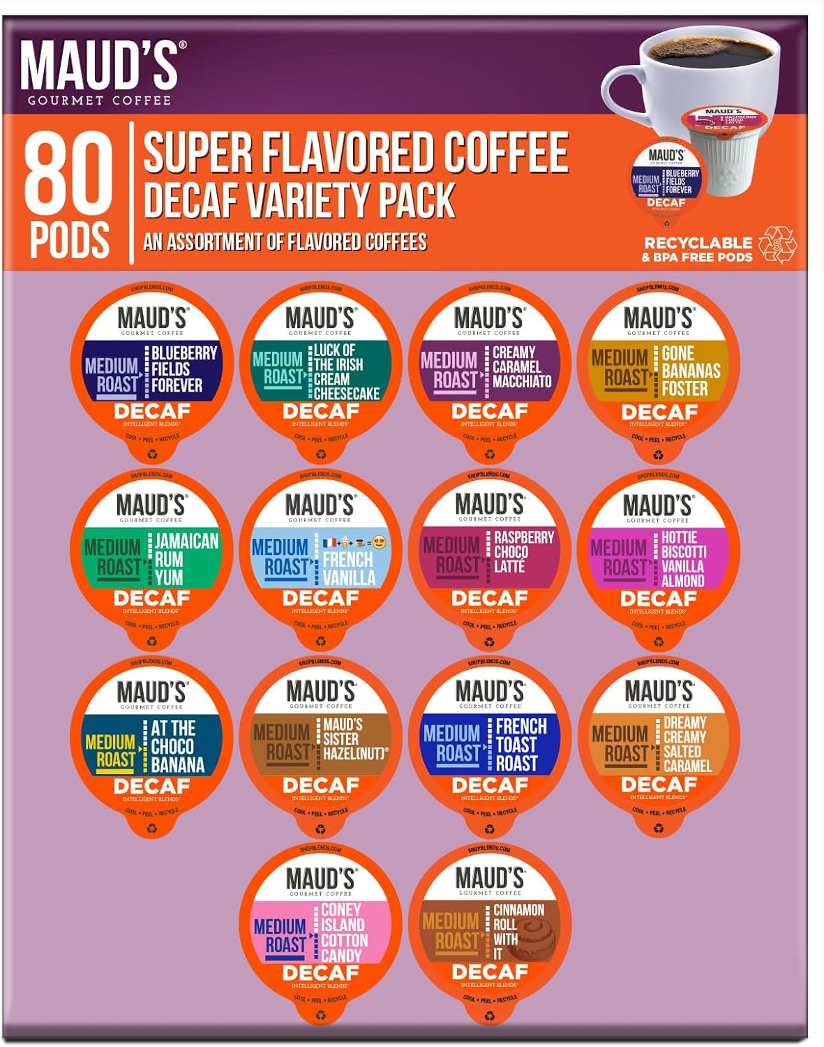 Maud's Flavored Decaf Coffee Pods Variety Pack, 80 ct,14 Assorted Roasts & Flavors, Decaf Medium ...