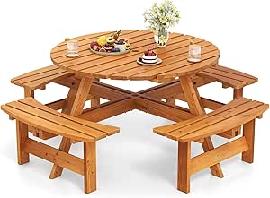 Amazon.com: Giantex 8-Person Round Picnic Table Set with 4 Benches, 550 LBS Bench Capacity, 2 ...