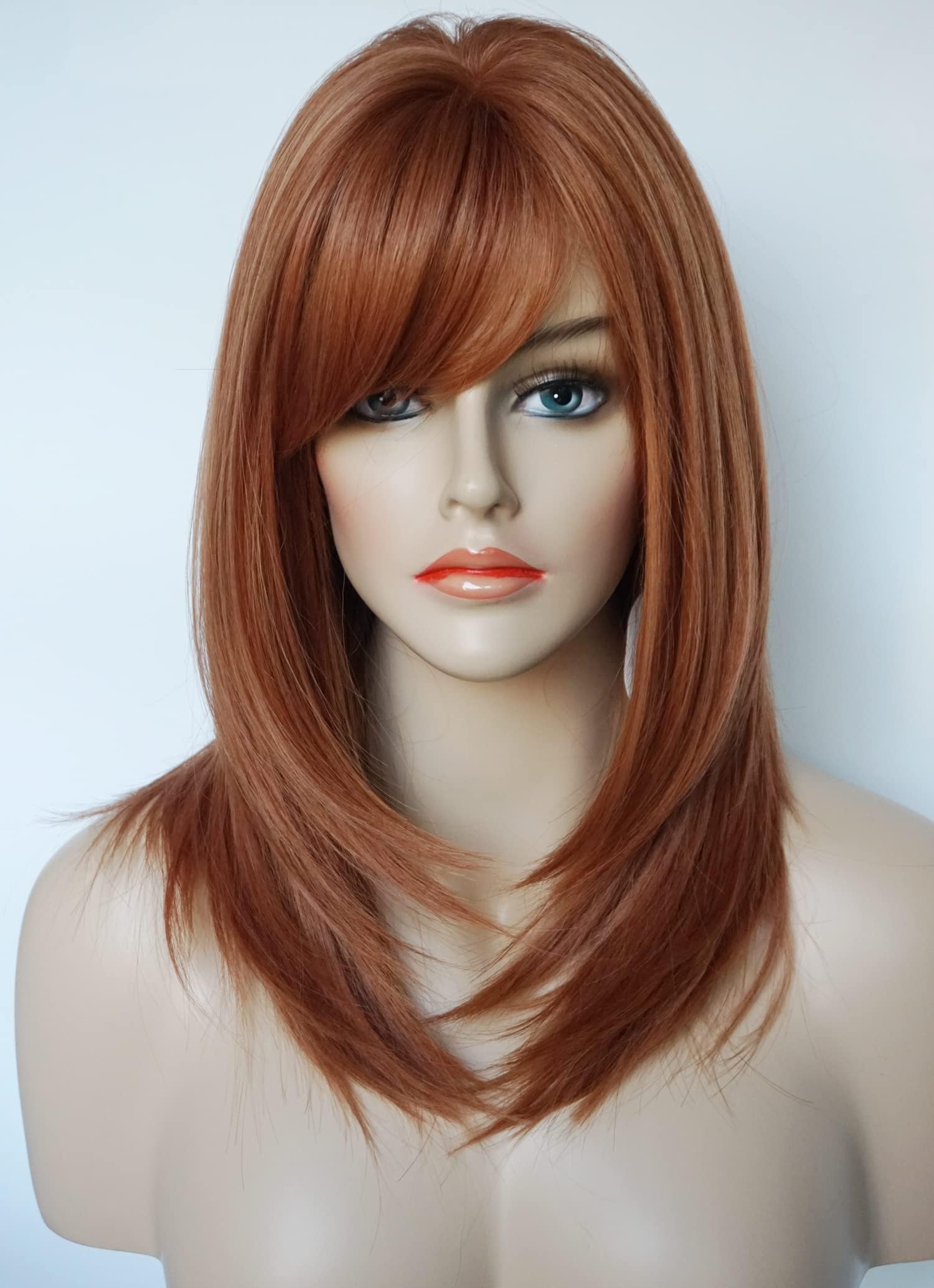 Amazon.com : Women's Brown Red Shoulder Length Layered Wig with Bangs ...