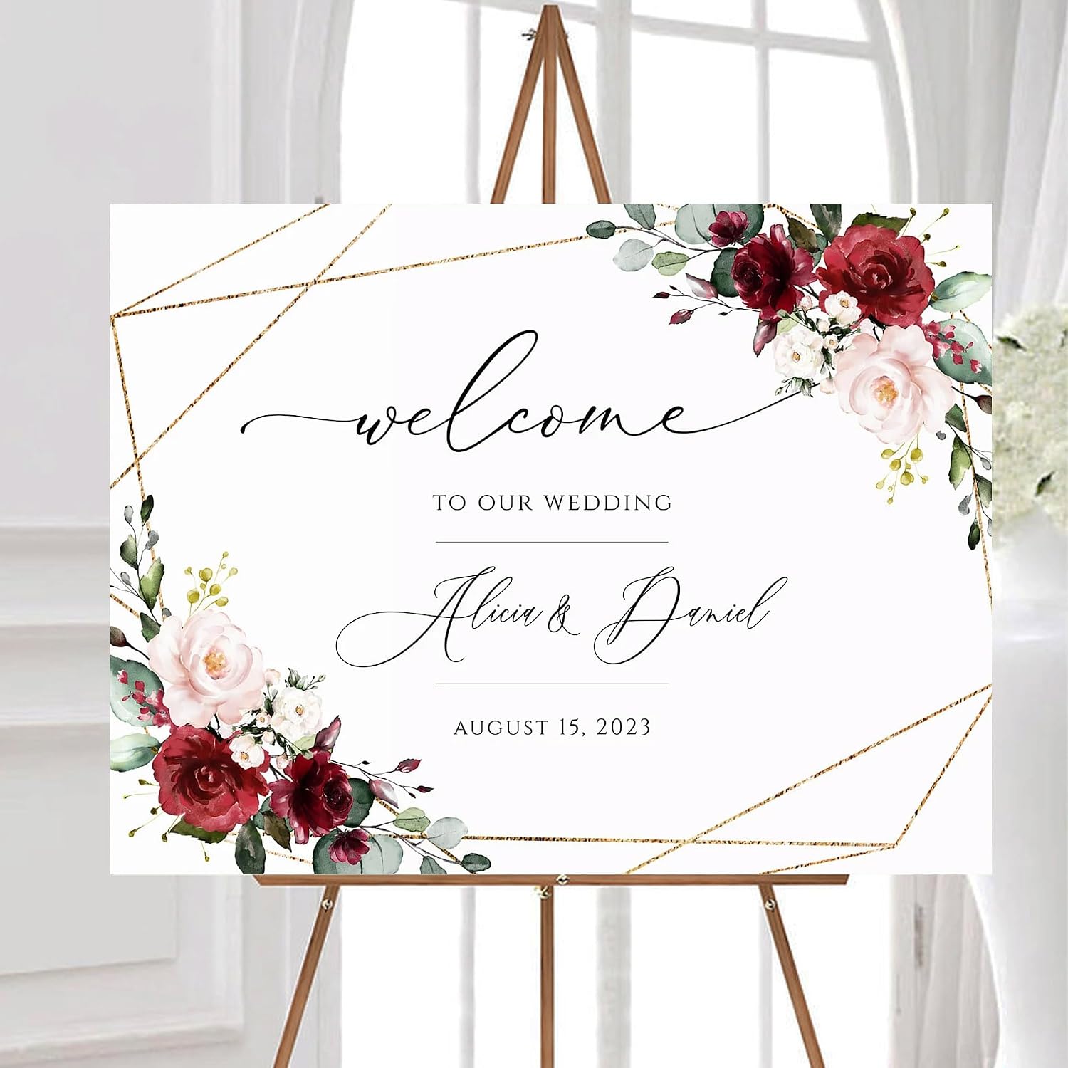 Amazon.com: Wedding Welcome Sign, Burgundy Greenery Floral Sign ...