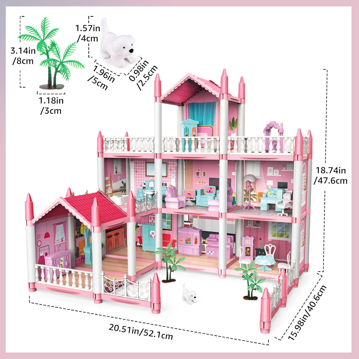 deAO Miniature My first Dolls house, Kids Pink Grand Three Story Castle ...
