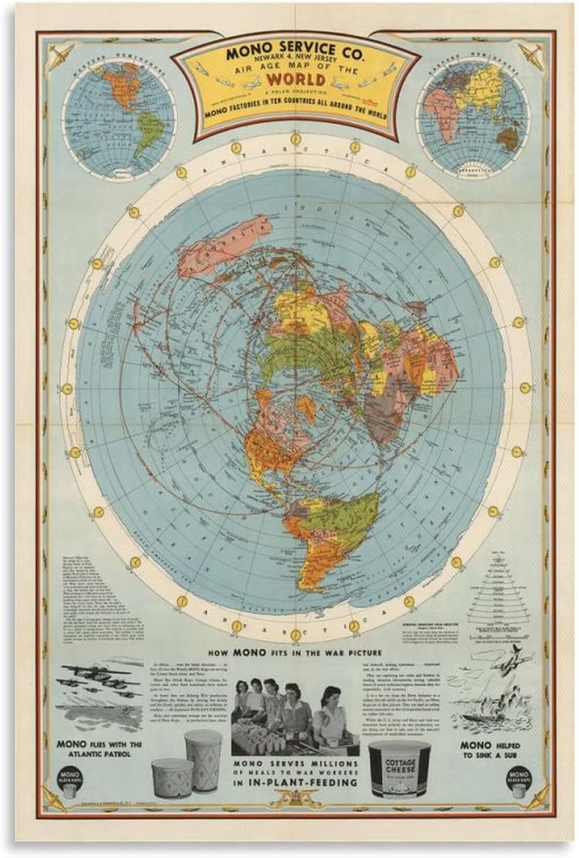 Amazon.com: PEAPLA 1945 Flat Earth Air Age World Map Art Posters Canvas ...