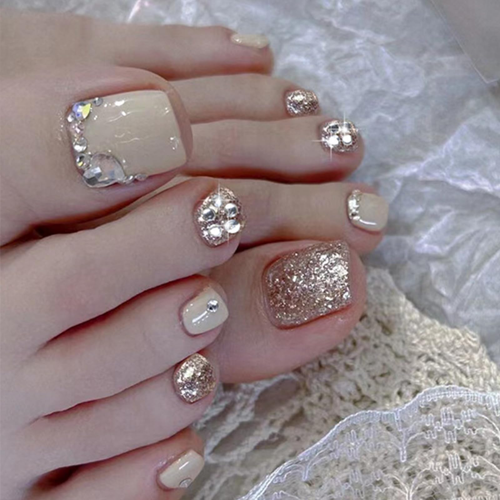 Amazon.com: White Press on Toenails Gold Glitter Rhinestone Design ...