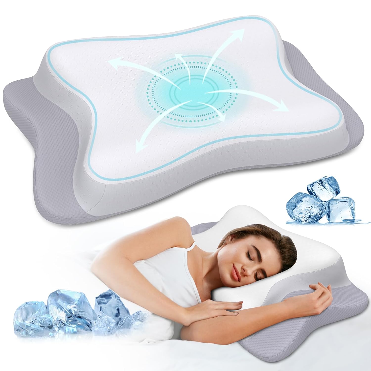 Ergonomic Memory Foam Neck Pillow with Cooling Case - Adjustable ...