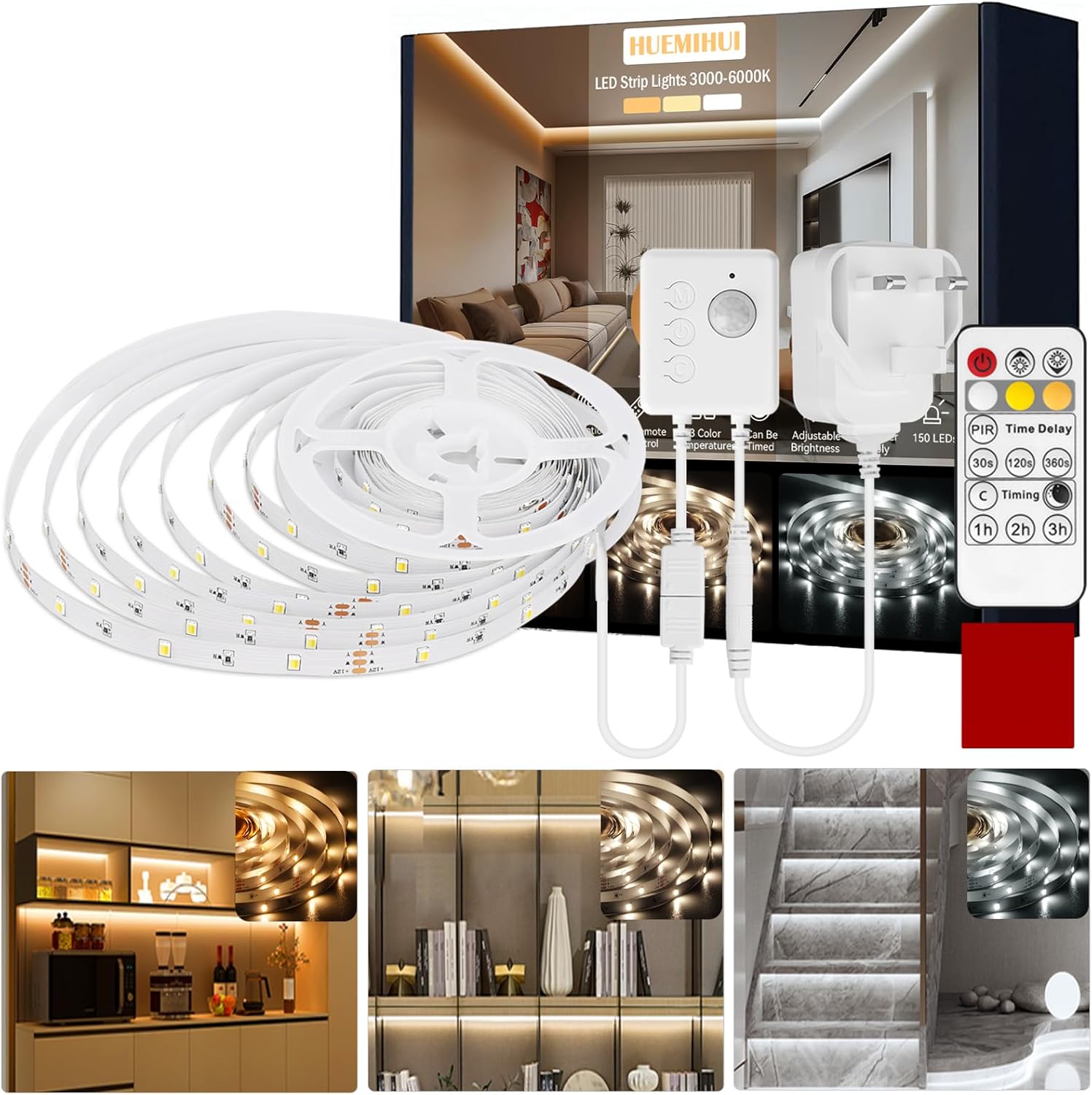 HUEMIHUI Motion Sensor LED Strip Lights, 5M White LED Lights with ...