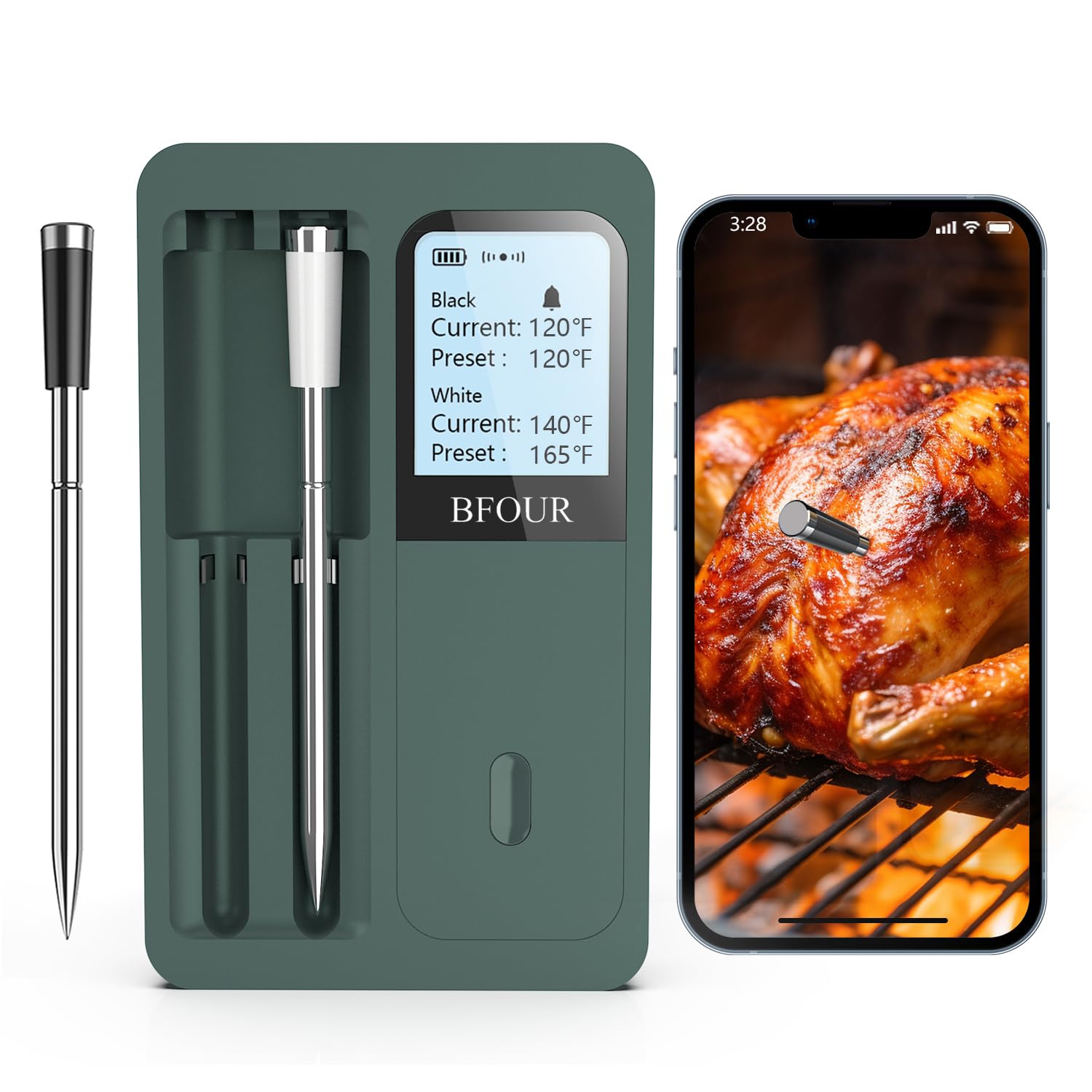 BFOUR Wireless Meat Thermometer with 2 Meat Probes, 328FT Bluetooth ...