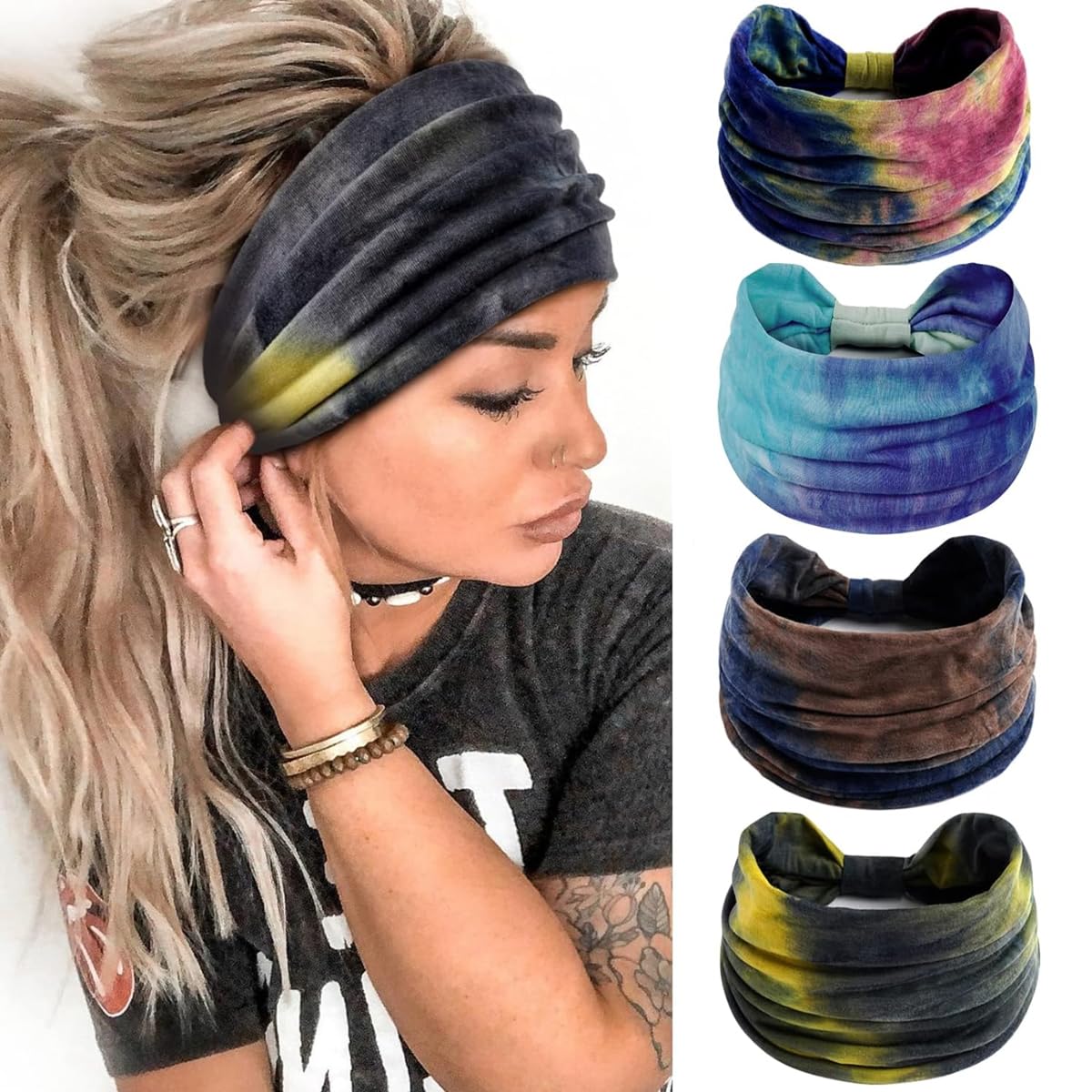 MAYCREATE® 4 Pack Wide Headband for Women, Stretchy Knotted Head Bands ...