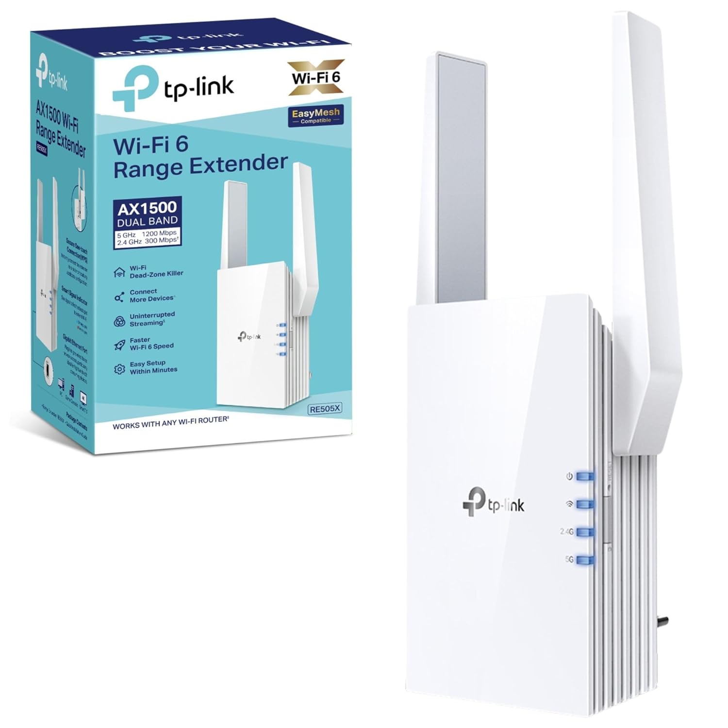 TP-Link RE505X AX1500 Dual Band Wi-Fi 6 Range Extender, Broadband/Wi-Fi ...