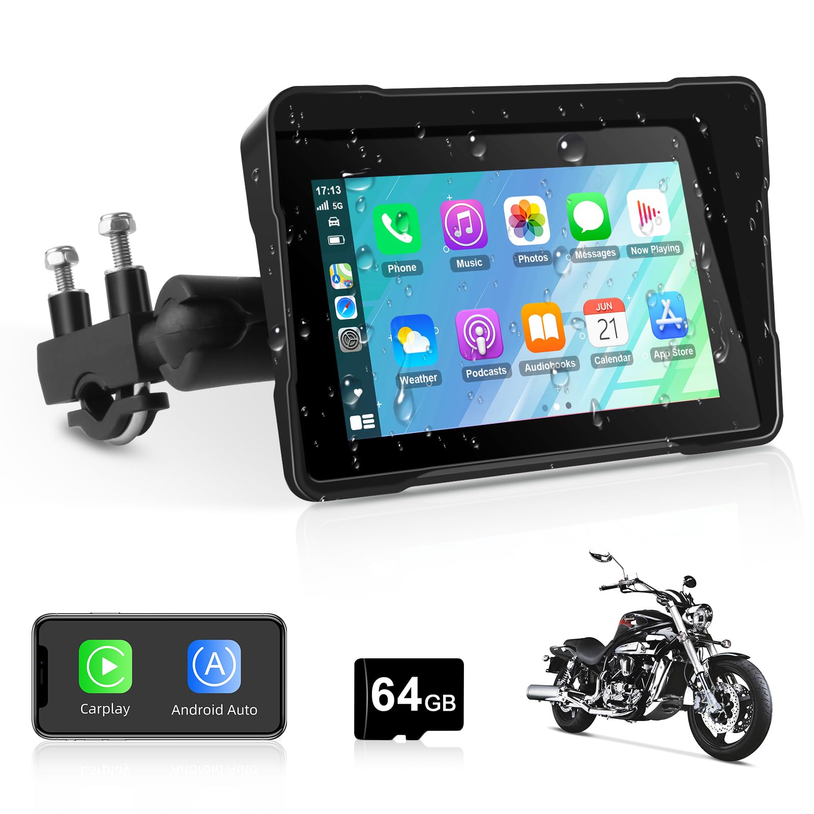 Jansite Motorcycle Carplay Screen 5 inch Wireless Carplay and Android ...