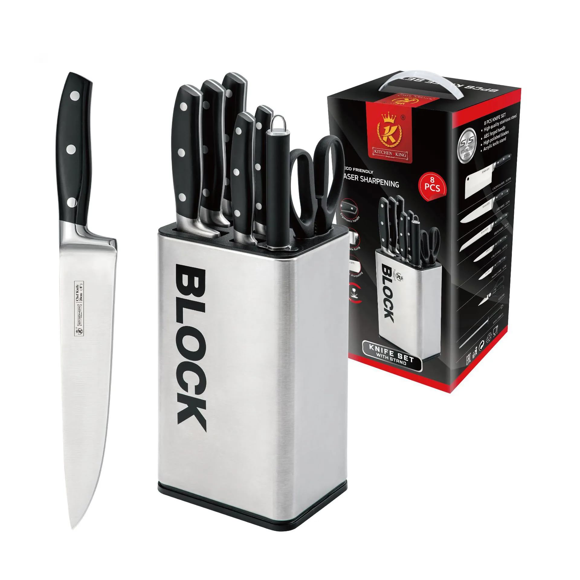 Knife Set, Knife Block Set, 8 Pieces Stainless Steel Chef Kitchen Knife ...