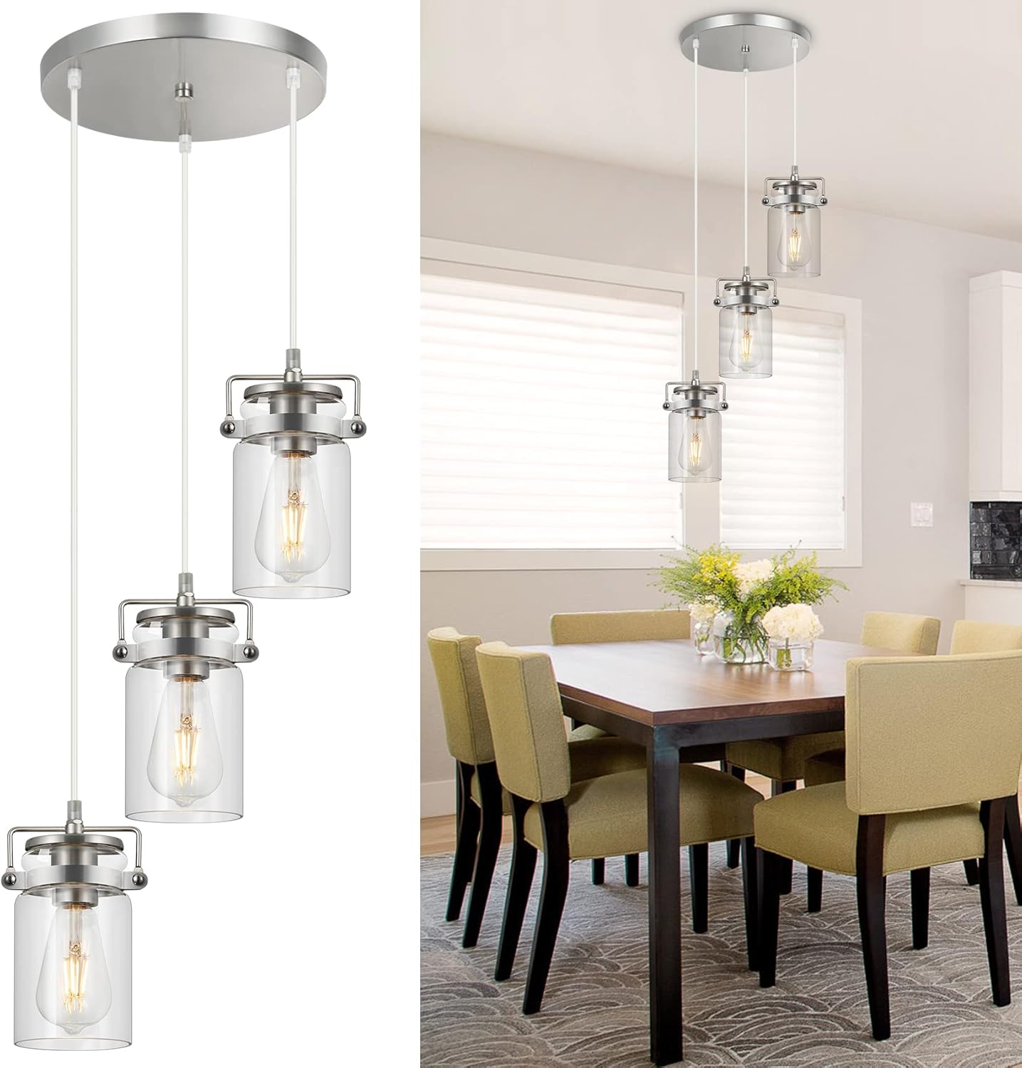 Modern 3-Light Pendant Light Fixtures, Hanging Light Fixture with Clear ...