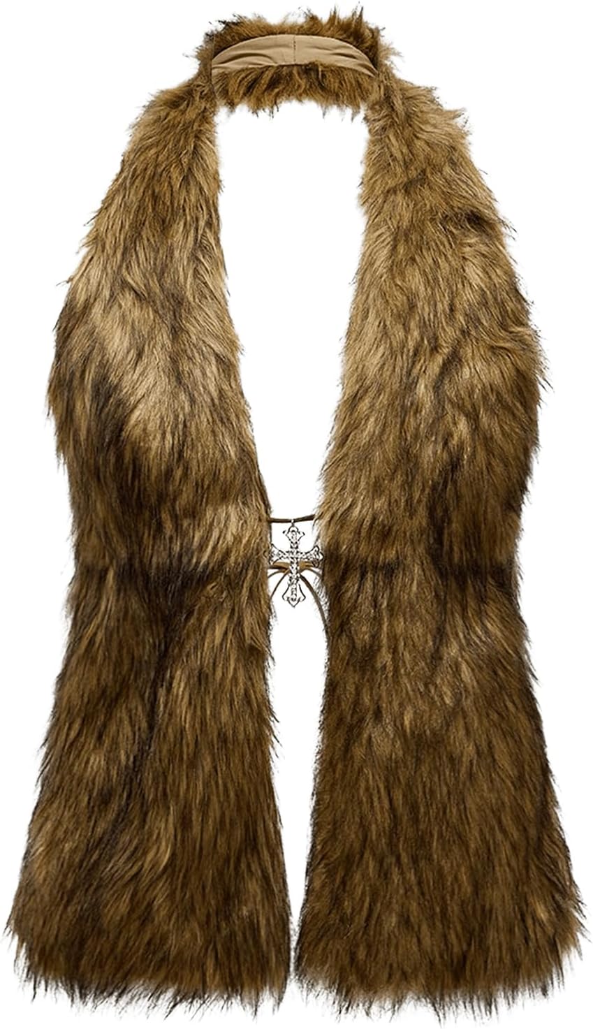 WDIRARA Women's Faux Fur Halter Vest Sleeveless Tie Backless Fuzzy Tank ...