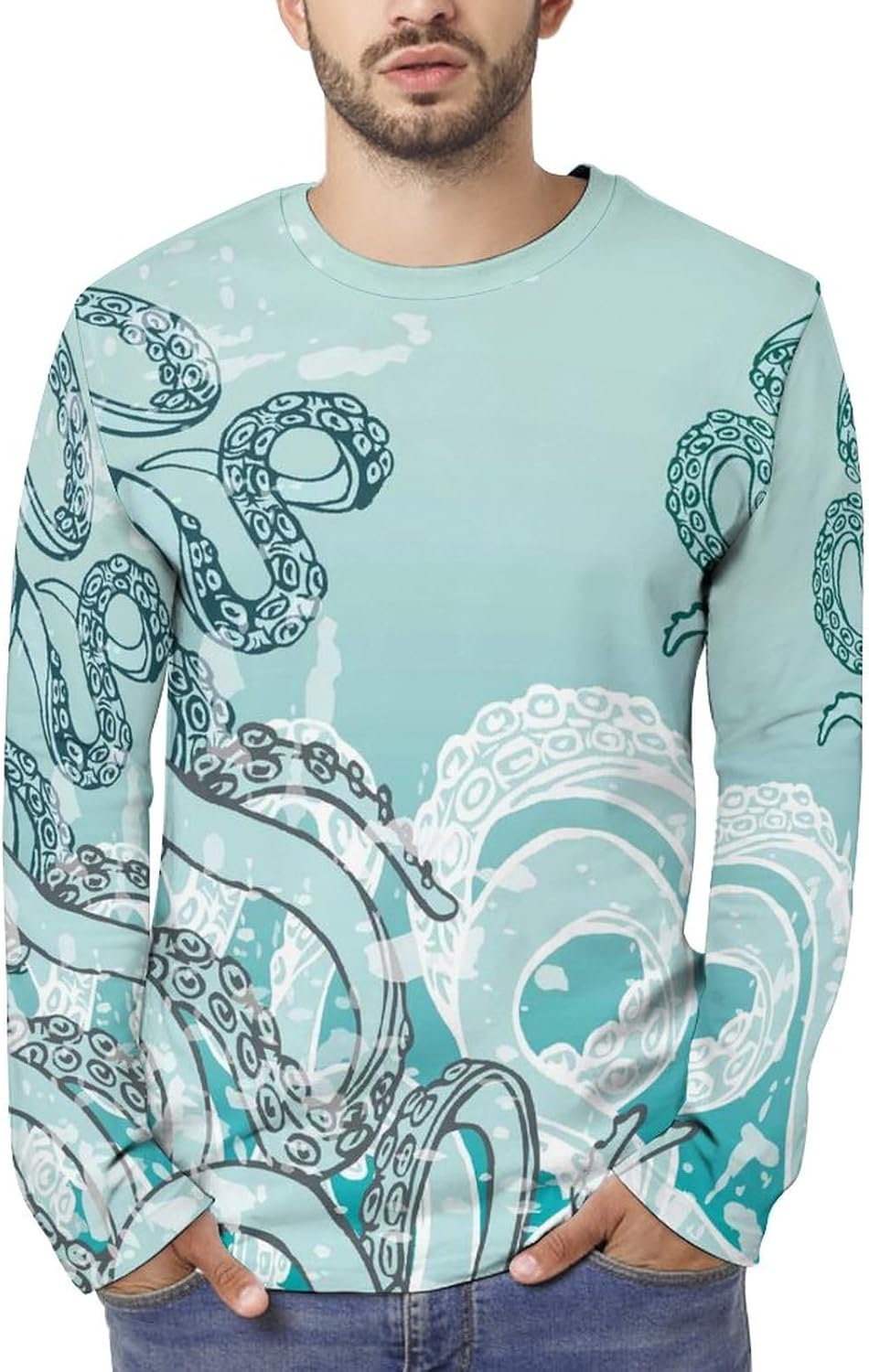 Amazon.com: Black and White Octopus Men's T-Shirt Long Sleeve Tees ...