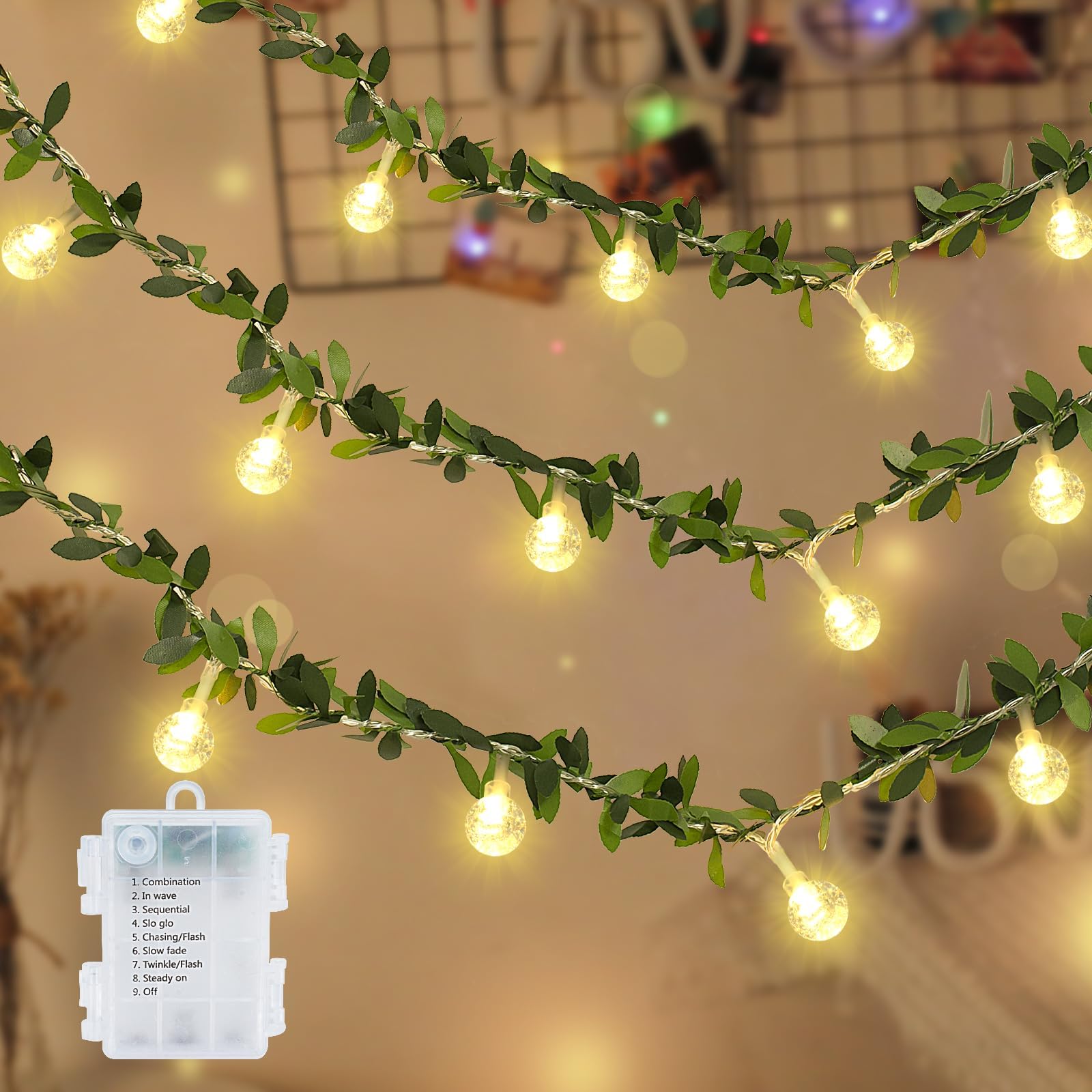 Artificial Ivy Leaf Garland 4M 20 LED Fairy String Lights Battery ...