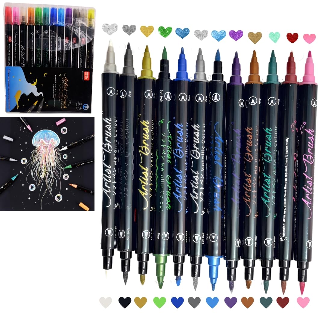 PLUSPOINT 12 Dual tip Brush Marker metalic Artist brush pen Set ...