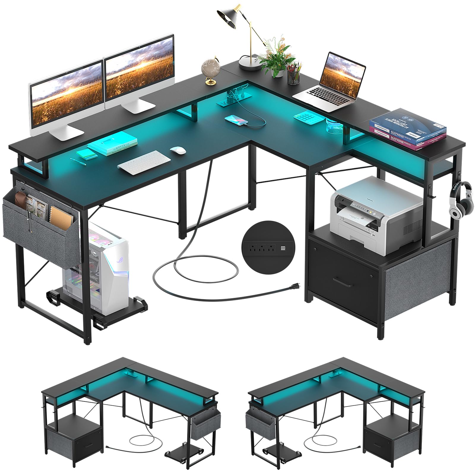 Amazon.com: Hyomdeck L Shaped Desk with Power Outlet and LED Strip ...