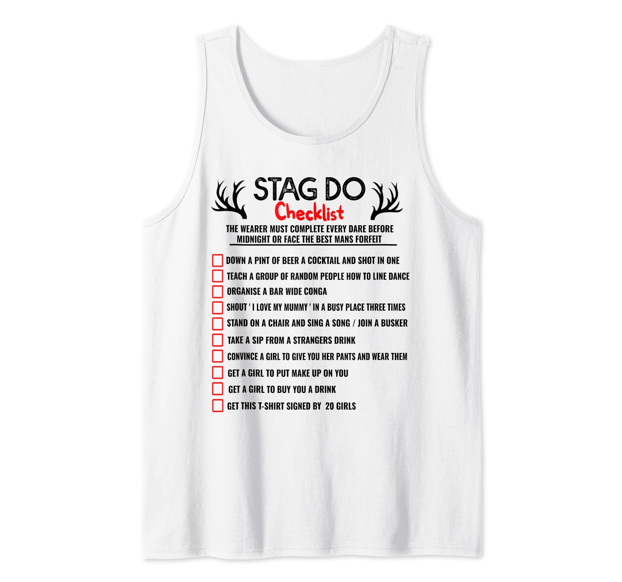 Stag Do Checklist Dares Game Tank Top : Amazon.co.uk: Fashion