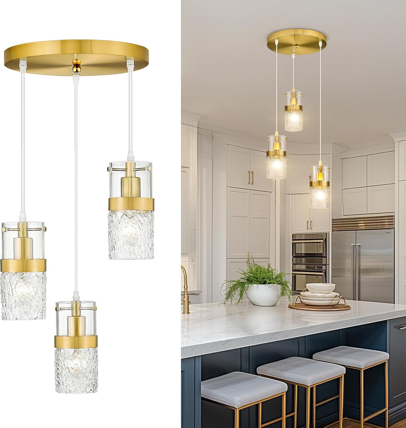 LMS 3-Light Pendant Light Fixtures, Brushed Gold Farmhouse Kitchen ...