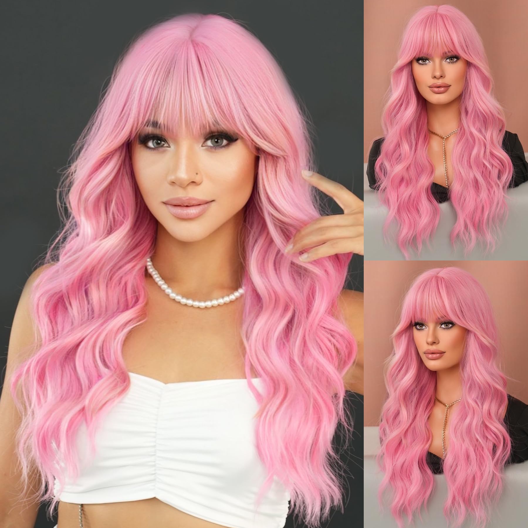 Amazon.com : 7JHH WIGS Long Wavy Pink Wig 24in Natural Heat Resistant ...