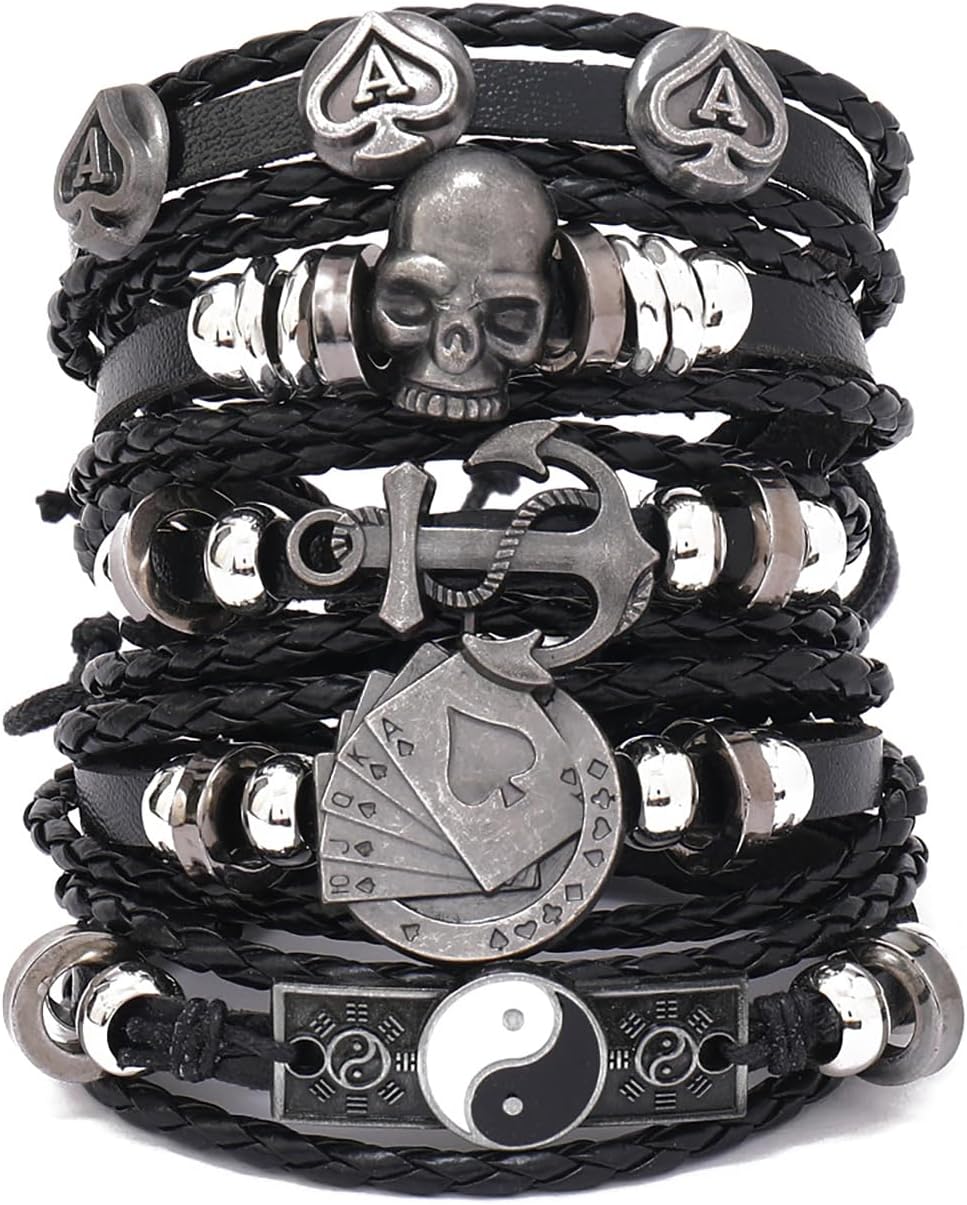 Amazon.com: 5Pcs Leather Punk Bracelets for Men Stackable Braided Cuff ...
