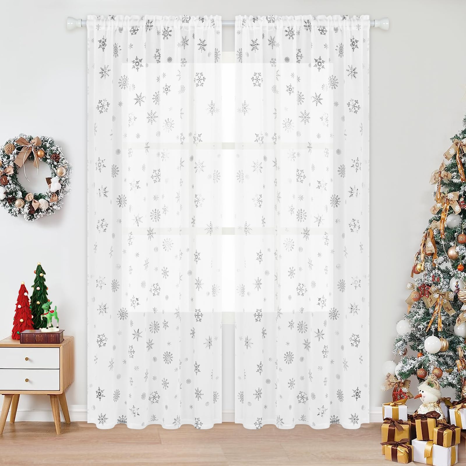 Amazon.com: FRAMICS Christmas Sheer Curtains 84 Inch Length Silver ...