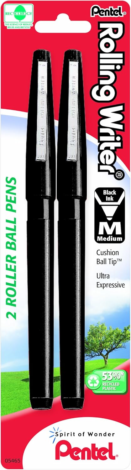 Pentel Rolling Writer Roller Ball Pen, Medium Line, Black Ink, 2 Pack ...