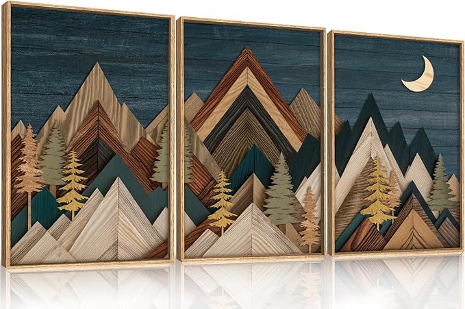 Amazon.com: HPINUB Mountain Woodcut Style Framed Canvas Wall Art Set ...