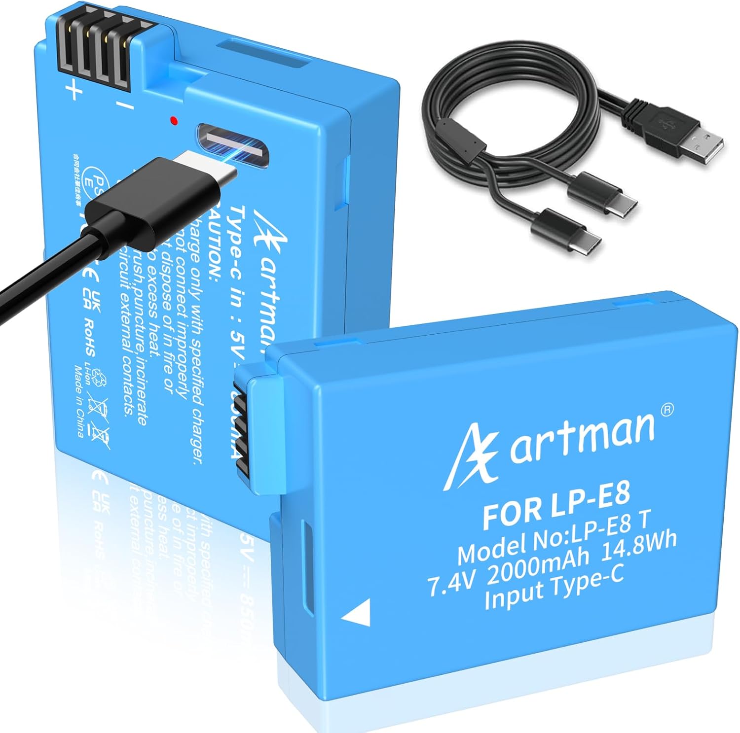 Amazon.com: Artman LP-E8 Battery 2000mAh 2-Pack with 2 in 1 USB-C Charging Cable Compatible with ...