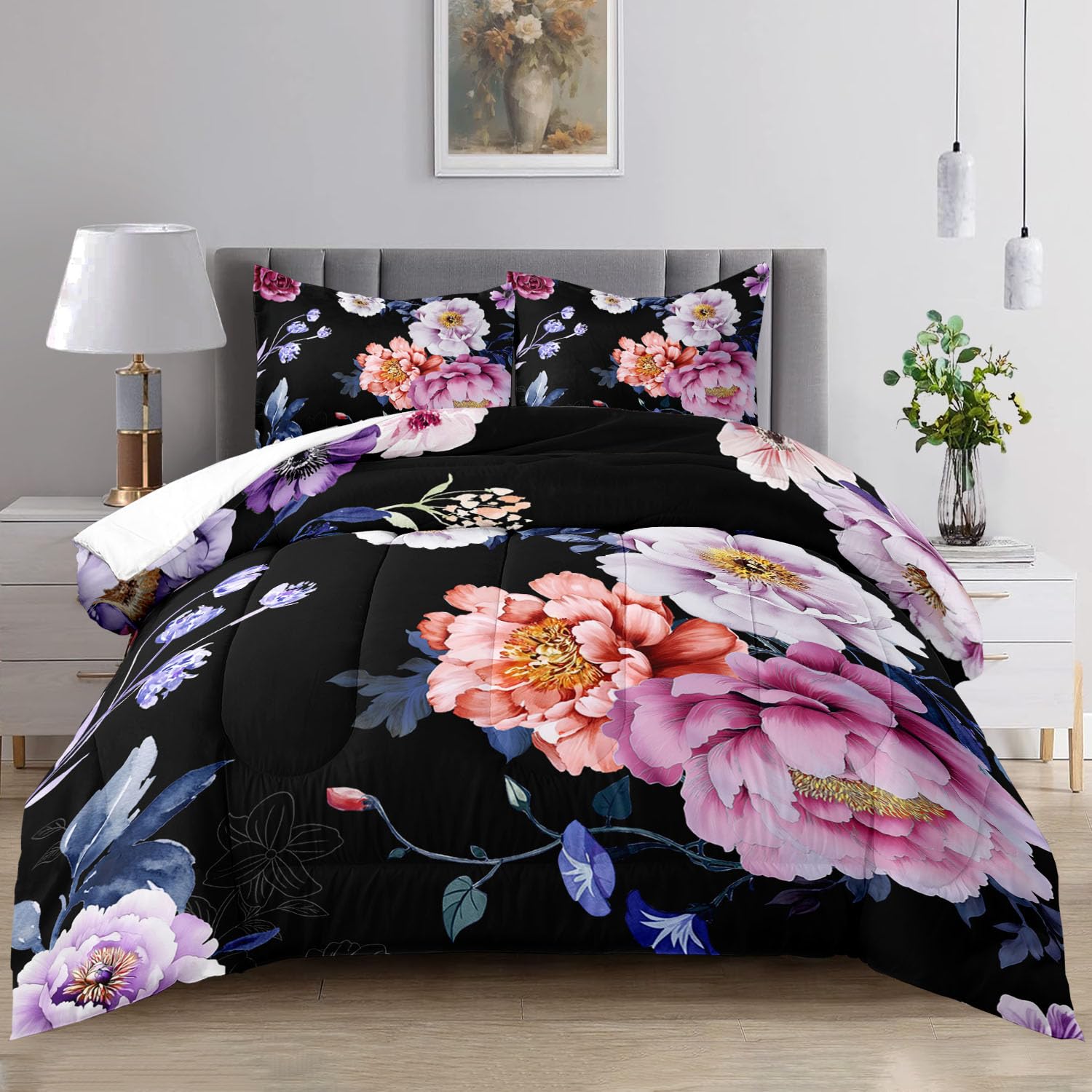 Amazon.com: Raphus cucullatus Dark Floral Bedding Queen Comforter Sets ...