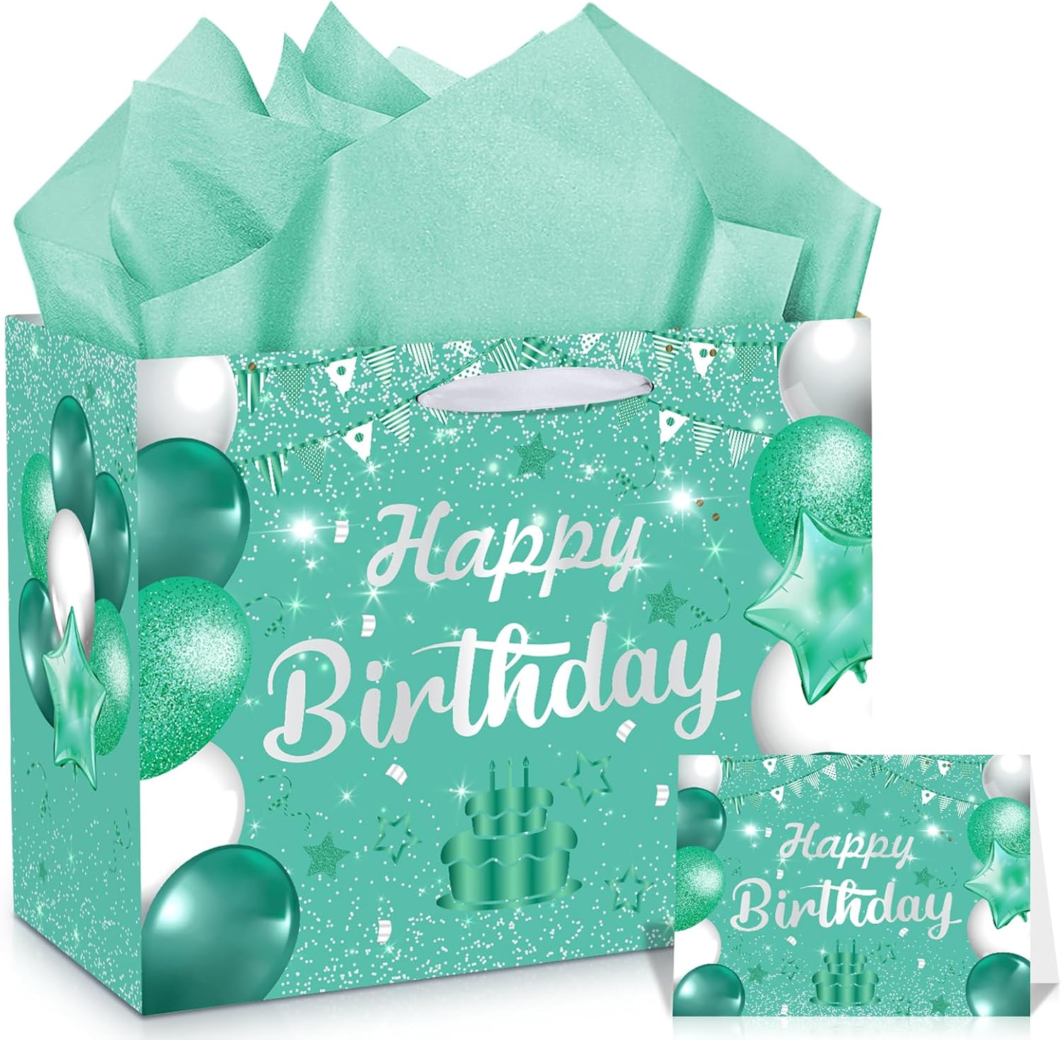 Amazon.com: Wayyogh Teal Silver Birthday Gift Bag Large Teal Happy ...