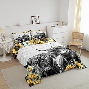 Amazon.com: Highland Cow Flower Comforter Set Bull Cattle Sunflower Wooden Bedding Set Western ...