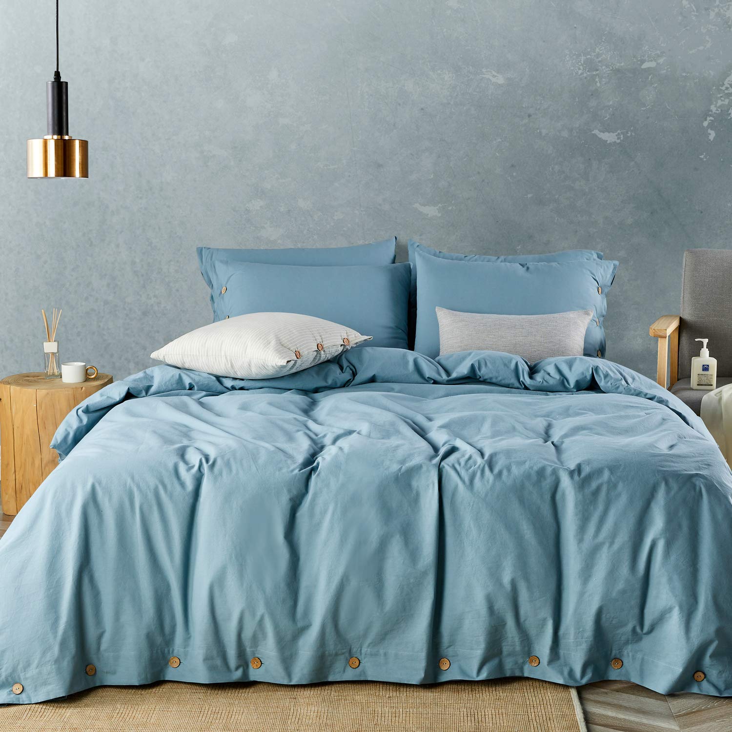 JELLYMONI Grayish Blue 100% Washed Cotton Duvet Cover Set, 3 Pieces ...