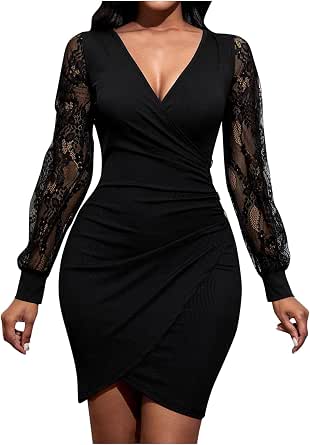 Amazon.com: Women Sexy Deep-V Cocktail Dresses Fashion Lace Flroal Long ...