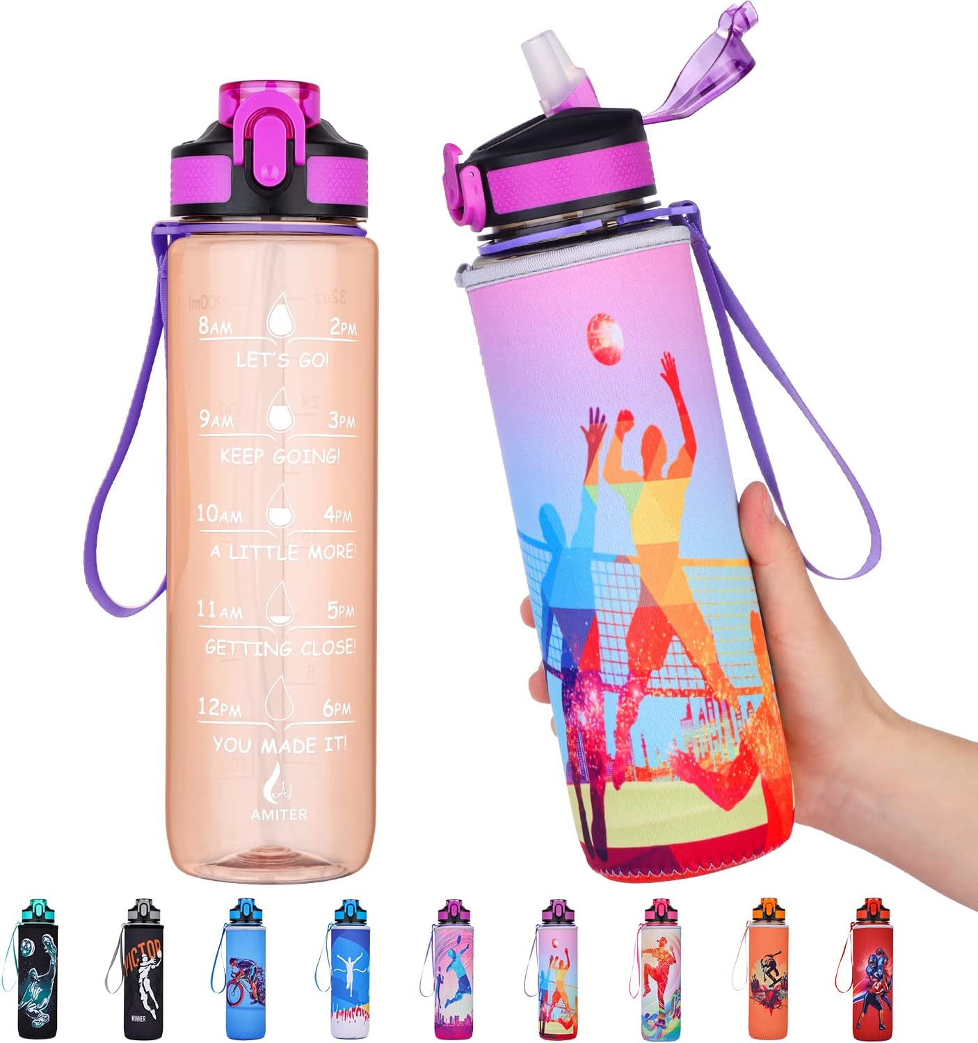 Amazon.com: AMITER 32oz Water Bottles with Straw and Sleeve, 1 Liter ...