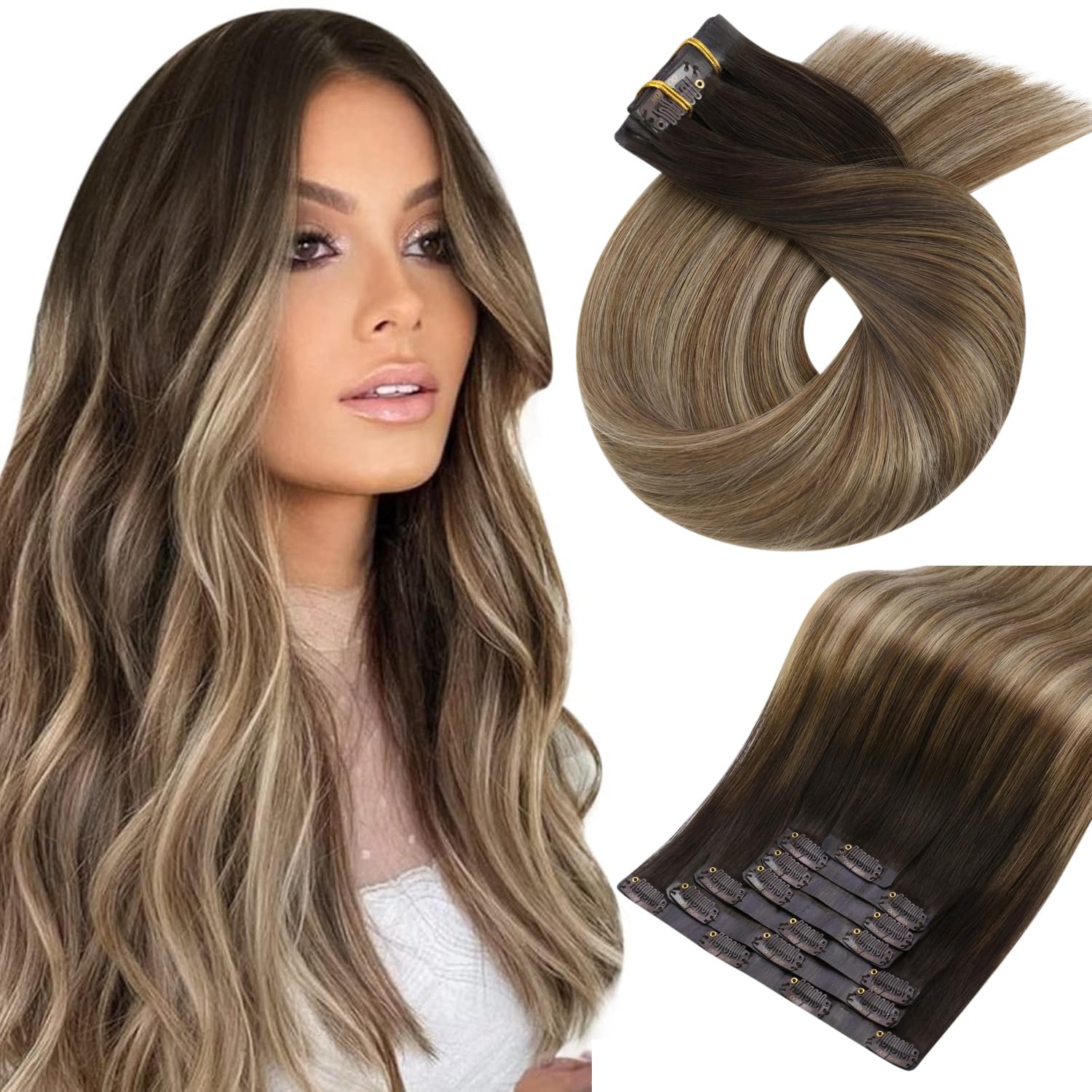Amazon.com : Moresoo Seamless Clip in Hair Extensions Human Hair PU ...
