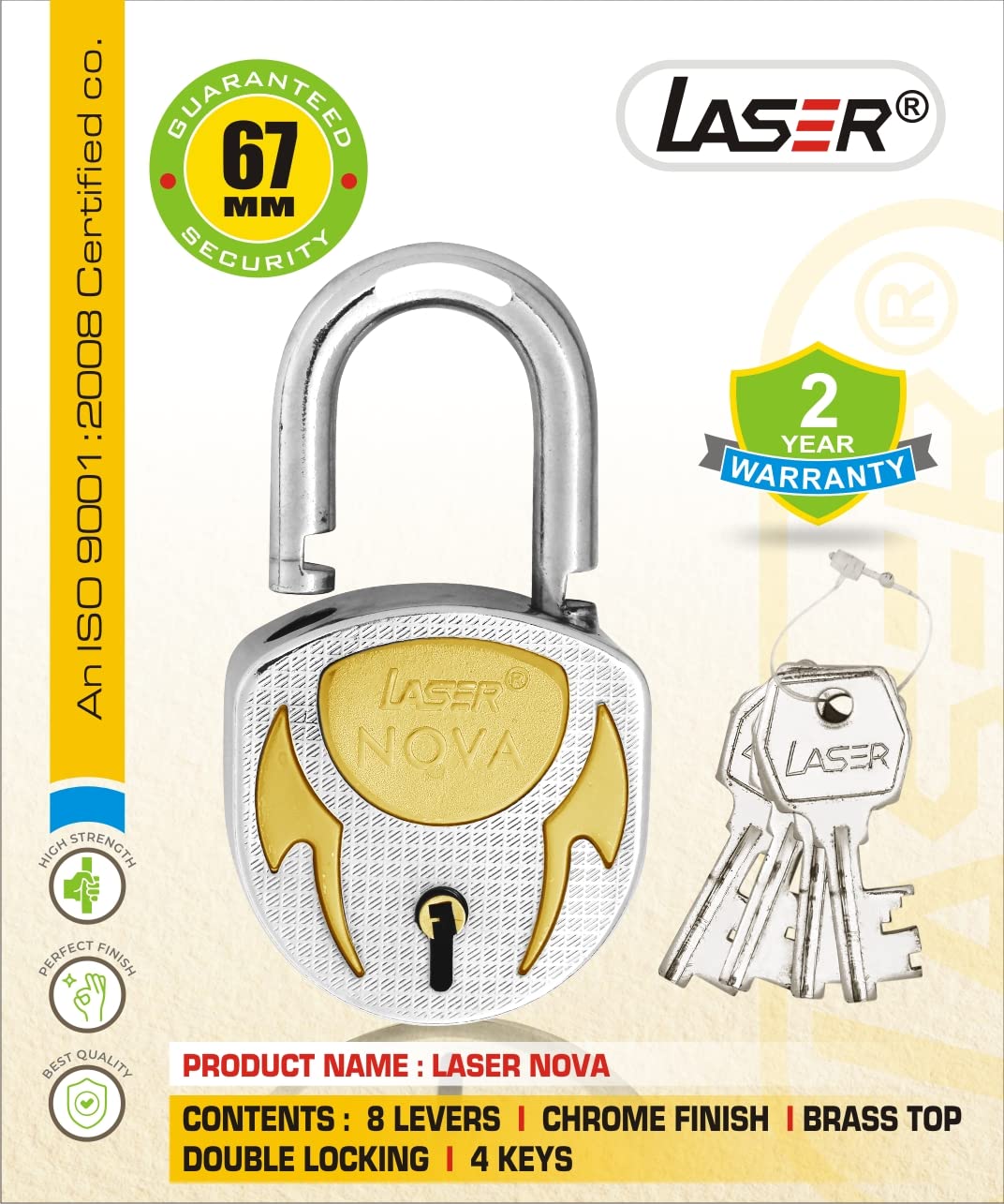 Laser NOVA 67MM Lock 10 Steel 7 Levers Padlock with 4 Keys (Pack of 1 ...