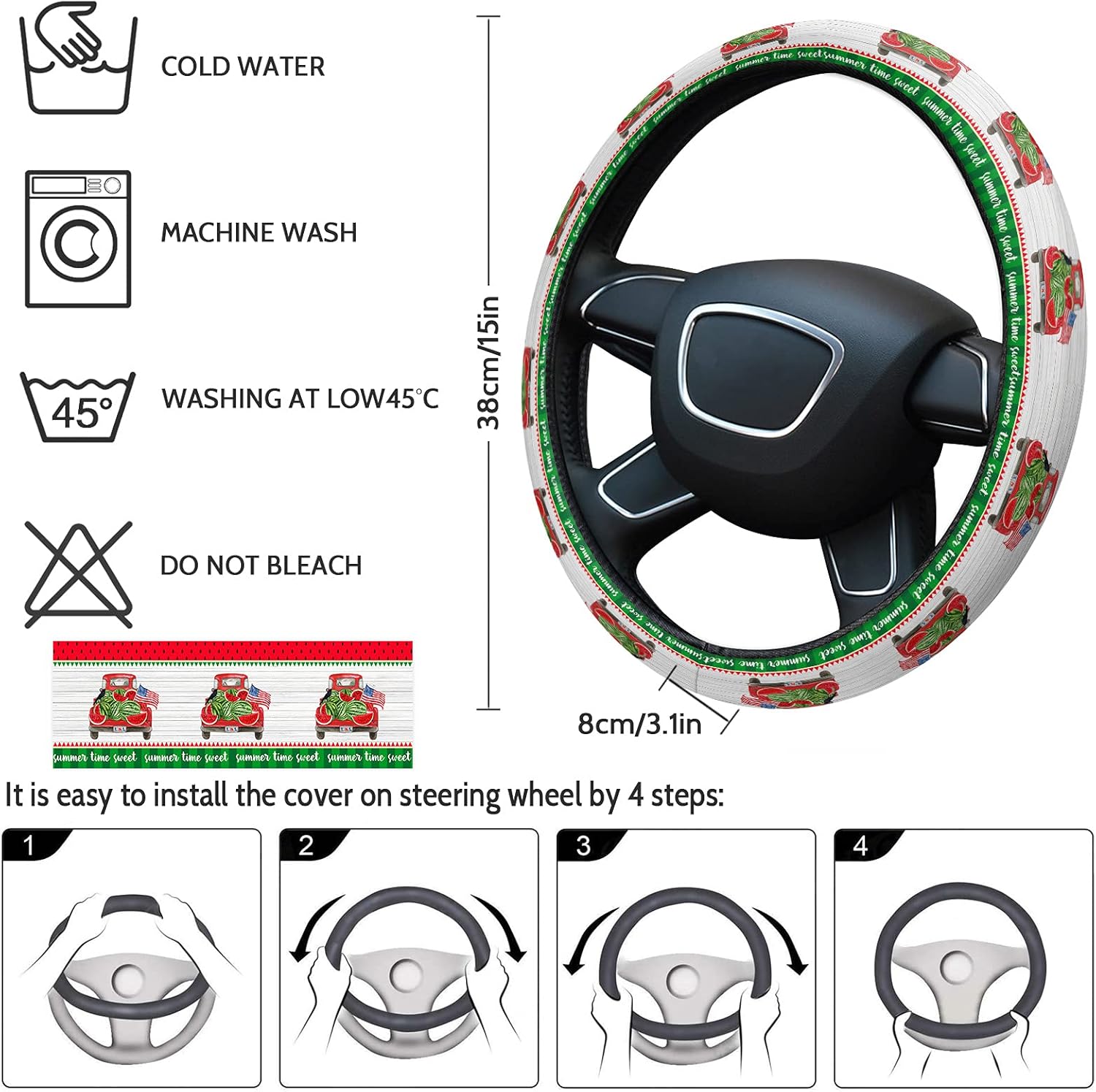 Car Steering Wheel Cover, Independence Day Theme Watermelon Truck and ...