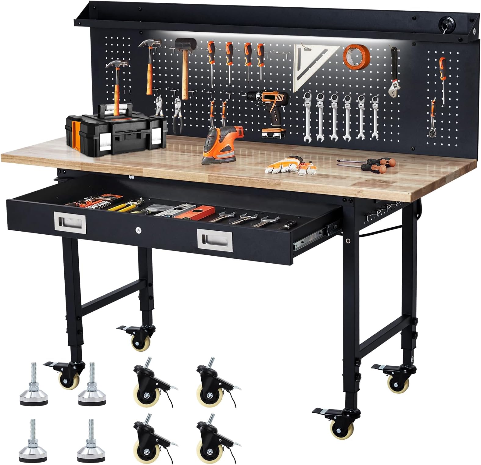 ACONEE 60" Adjustable Workbench with Drawer Storage, Rubber Wood Top ...