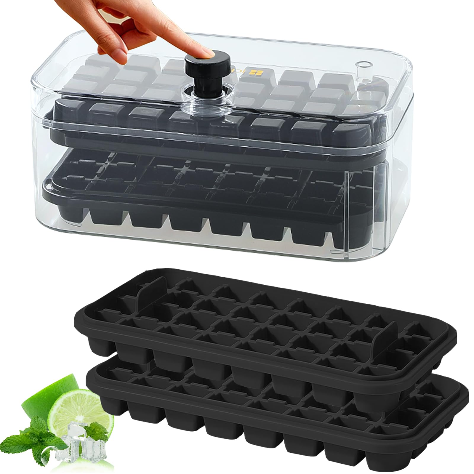 Ice Cube Tray with Lid and Bin, 2 Pack ice cube tray for Freezer, 64 ...