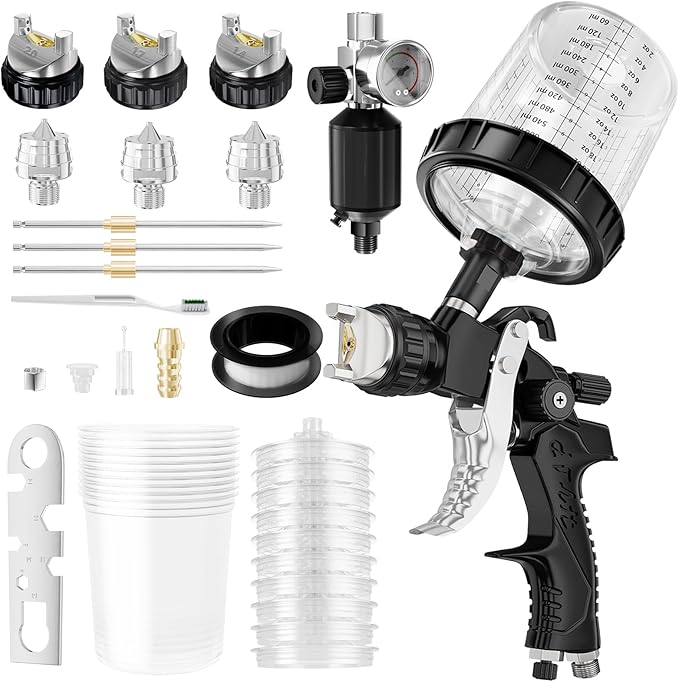 HVLP Air Spray Gun with 1.4/1.7/2mm Nozzles & Air Compressor Regulator ...