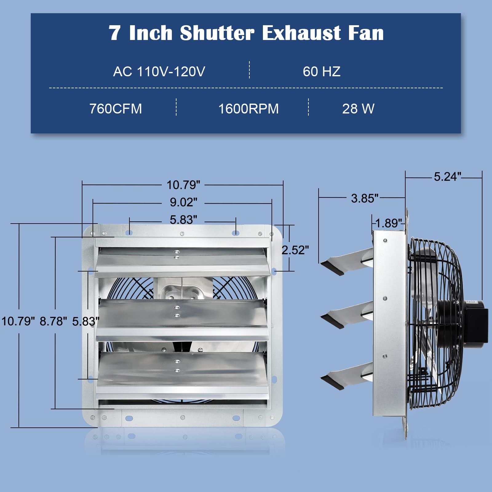 760 CFM Ventilation Fan 7-Inch Wall Mount Shutter Exhaust Fan - 760 CFM ...
