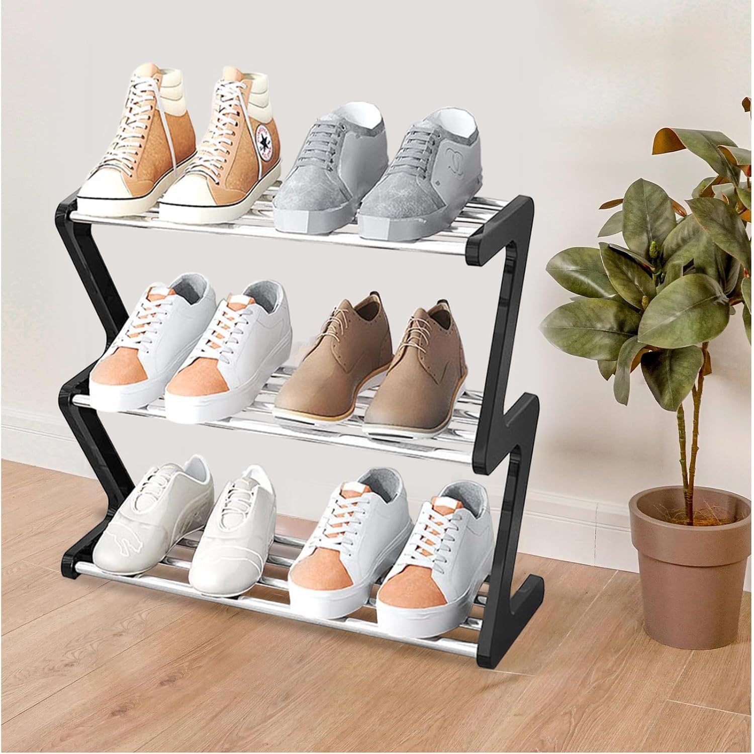 NeuWook 3-Tier Shoe Rack, Stackable Shoe Organizer, 6 Pairs of Shoes ...