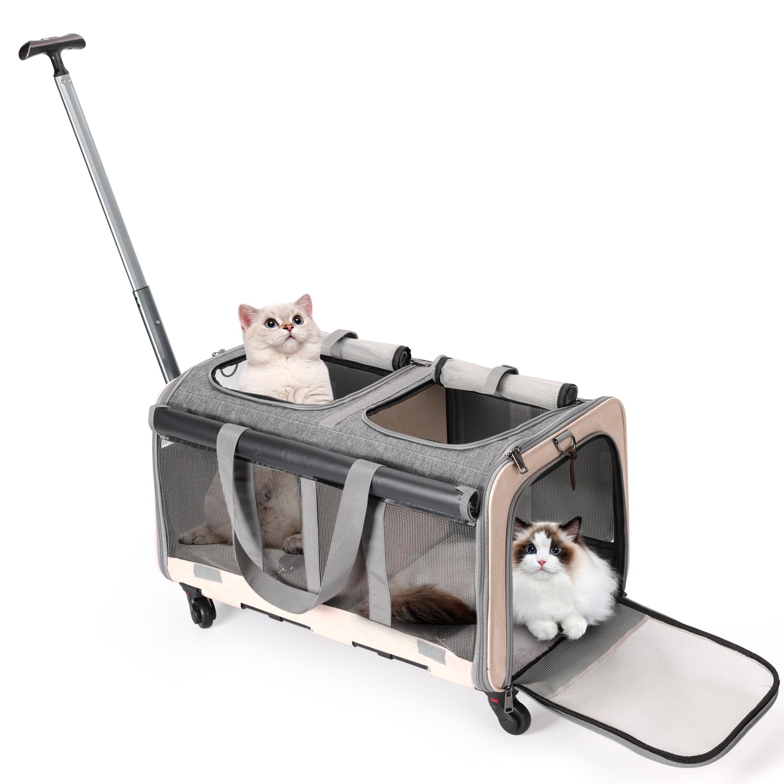 Double-Compartment Rolling Cat Carrier with Wheels for 2 Cats, Foldable ...