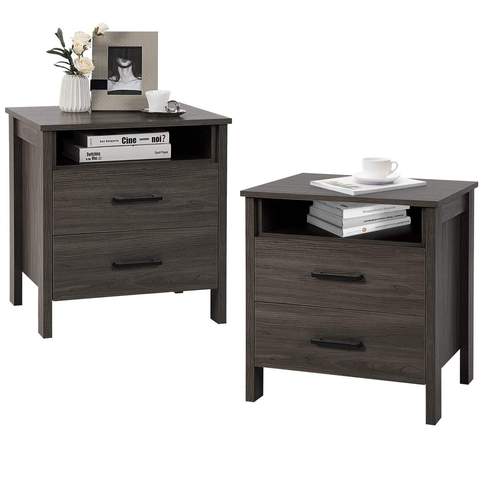 COSTWAY Bedside Table, Wooden Nightstand Sofa Side End Table with 2 ...