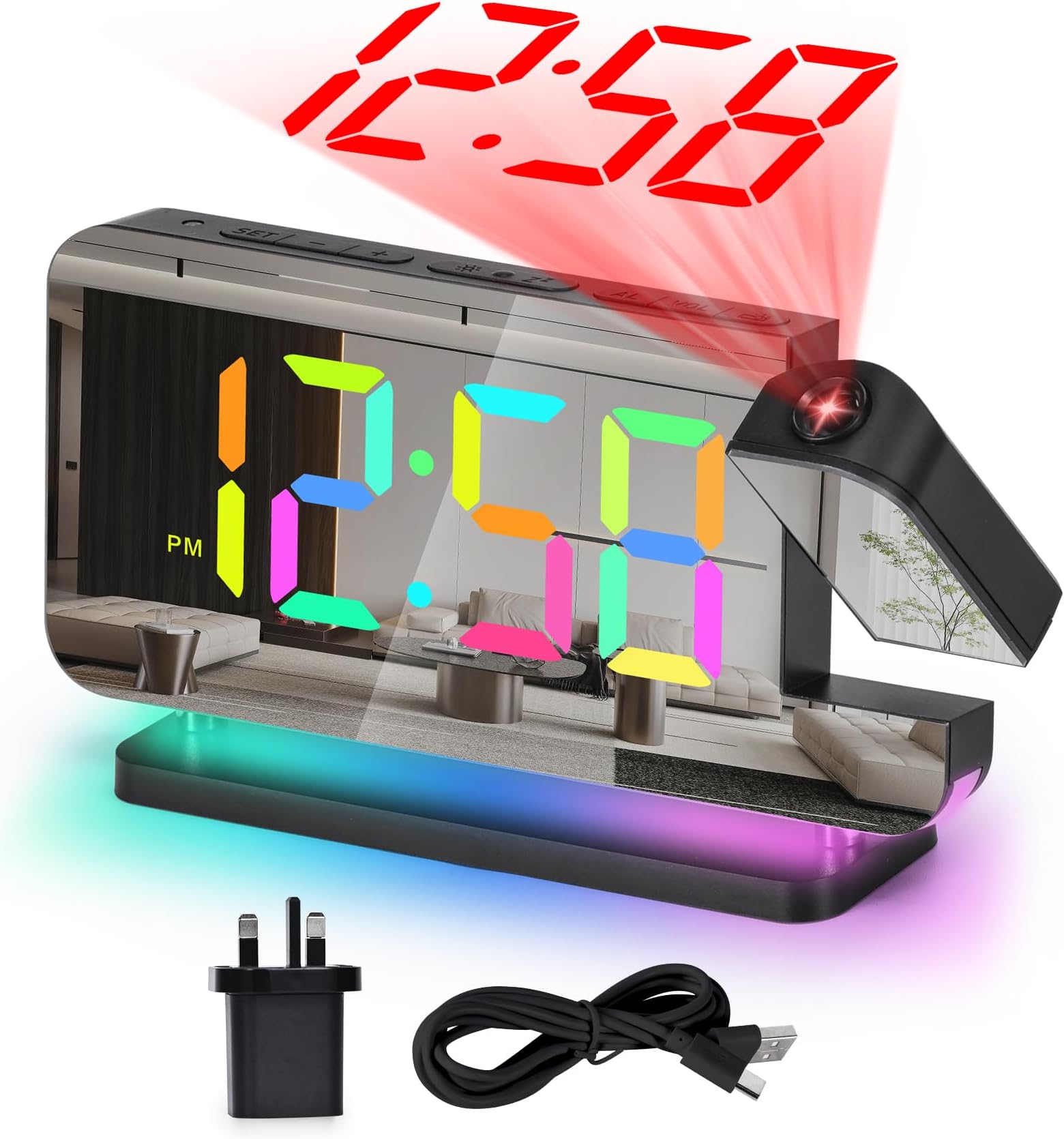 U-picks Digital Alarm Clock,Alarm Clock with Projection,7.4"LED Mirror ...