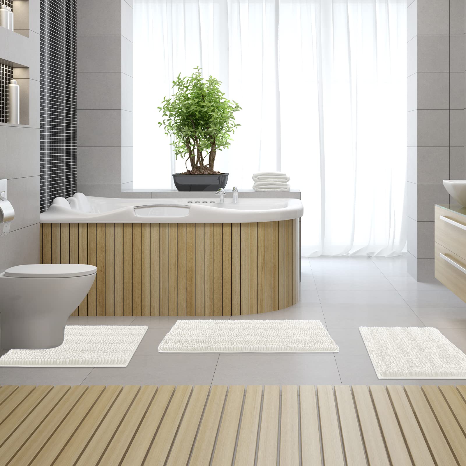 Striped White Bathroom Rug Set 3 Pieces Ultra Soft, Non Slip Chenille ...