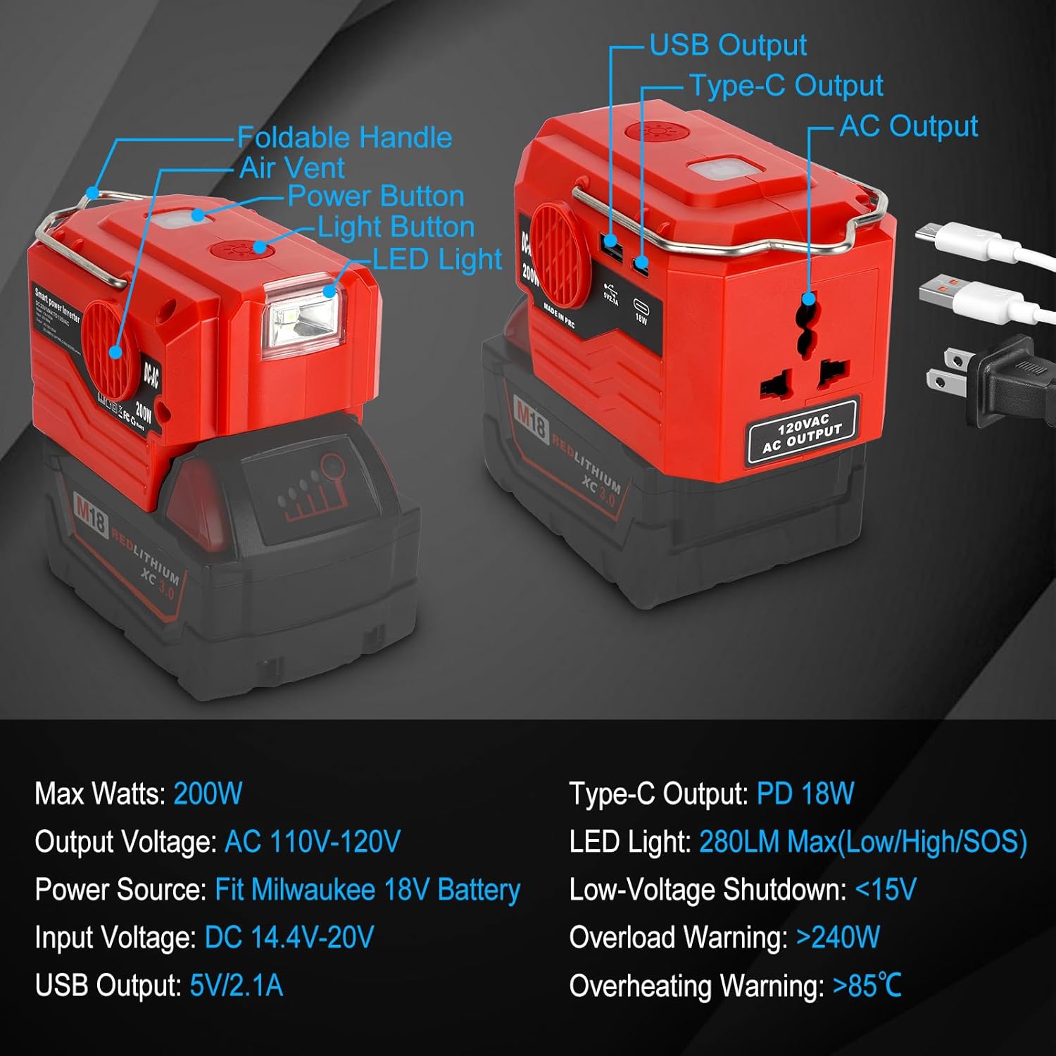 200W Power Inverter Generator for Milwaukee 18V Battery, Portable DC ...